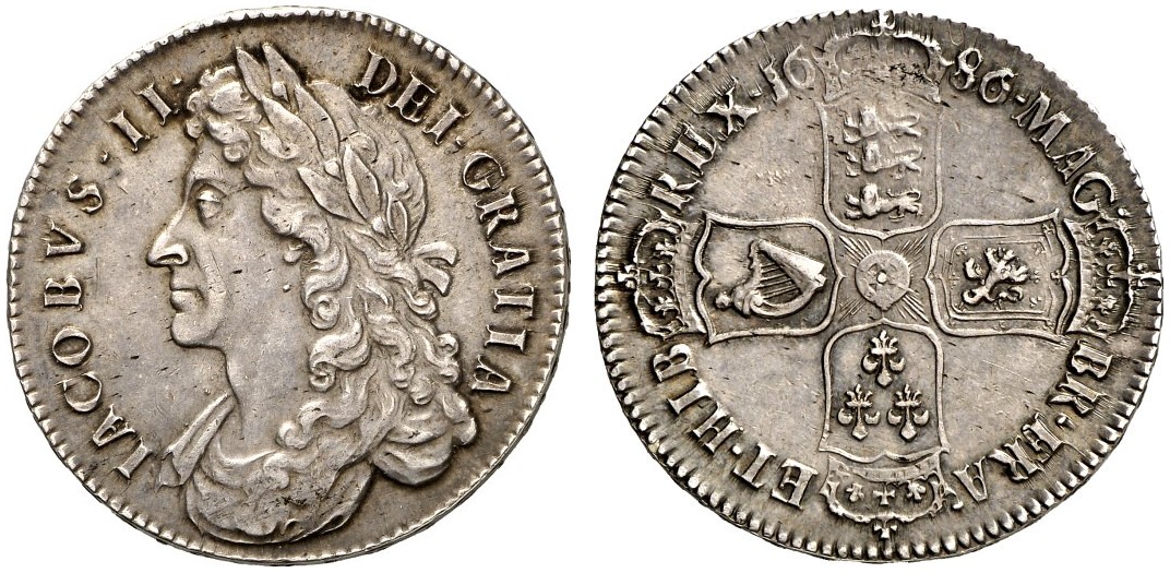 GROSSBRITANNIEN / IRLAND ENGLAND James II, 1685-1688. 1/2 Crown 1686 (Jahreszahl im Stempel aus ...