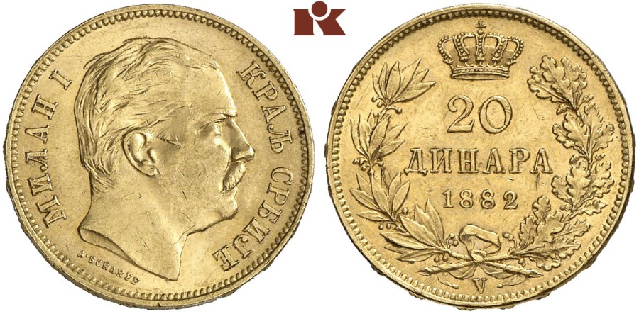 SERBIEN Milan IV. Obrenowitsch, 1868-1882-1889. 20 Dinara 1882 V, Wien ...