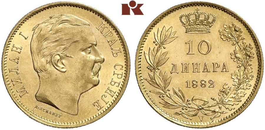 SERBIEN Milan IV. Obrenowitsch, 1868-1882-1889. 10 Dinara 1882 V, Wien ...