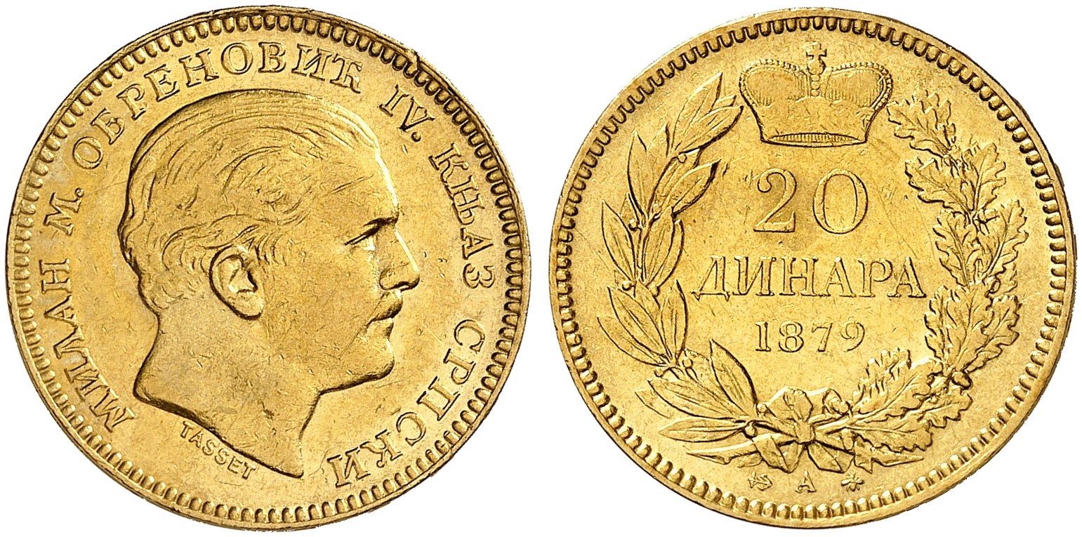 SERBIEN Milan IV. Obrenowitsch, 1868-1882-1889. 20 Dinara 1879 A, Paris ...
