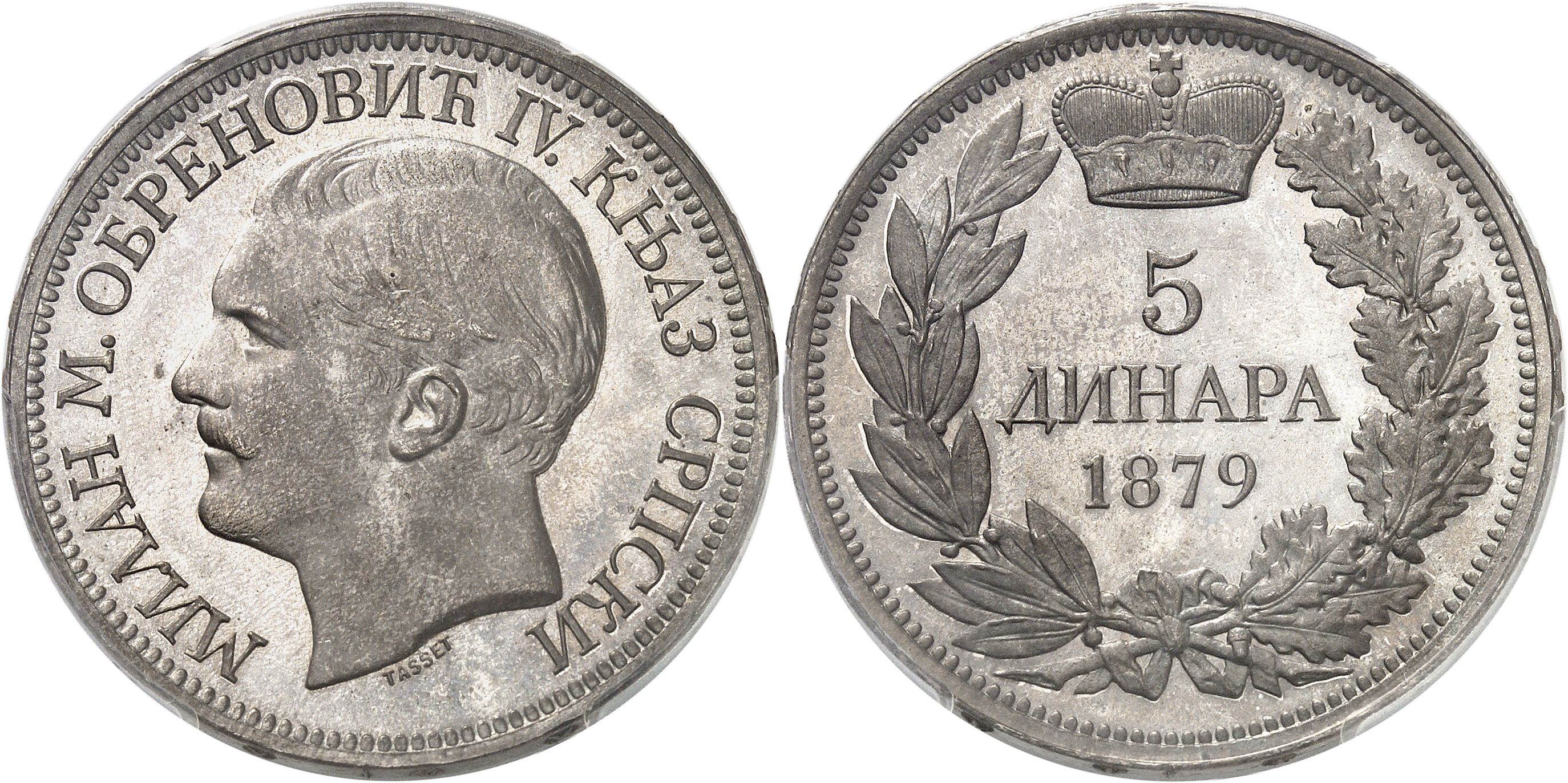 SERBIEN Milan IV. Obrenowitsch, 1868-1882-1889. 5 Dinara 1879, Wien ...